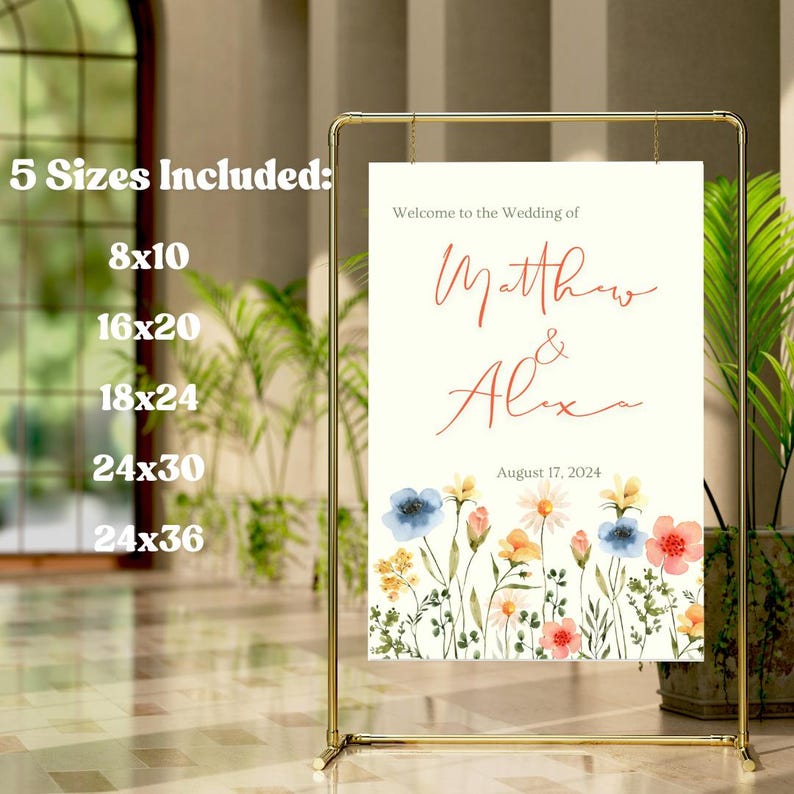 Editable Pastel Longstem Flowers Wedding Welcome Entrance Sign Boho ...