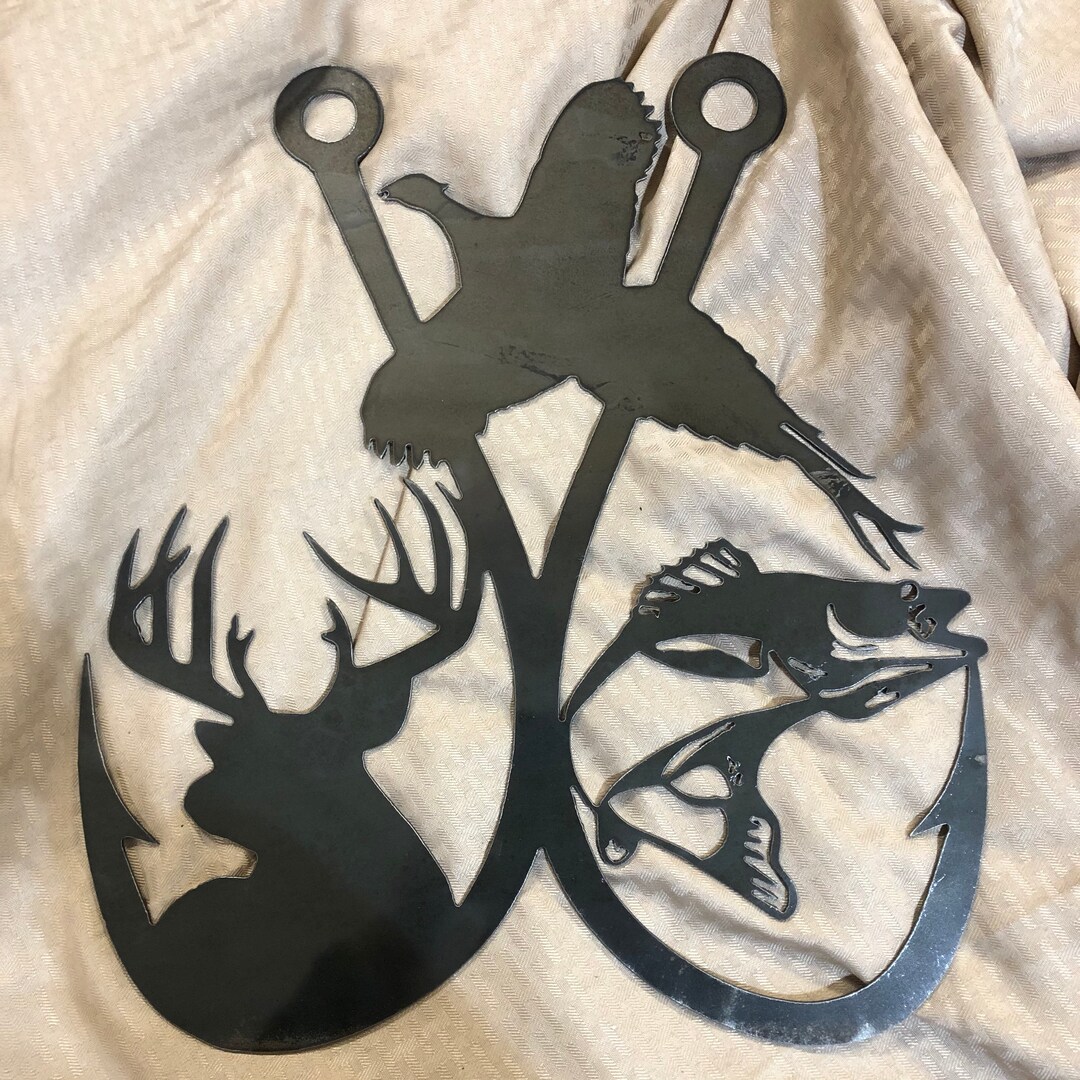 Industrial Rustic Double Fishing Hook With Buck Walleye and Pheasant ...