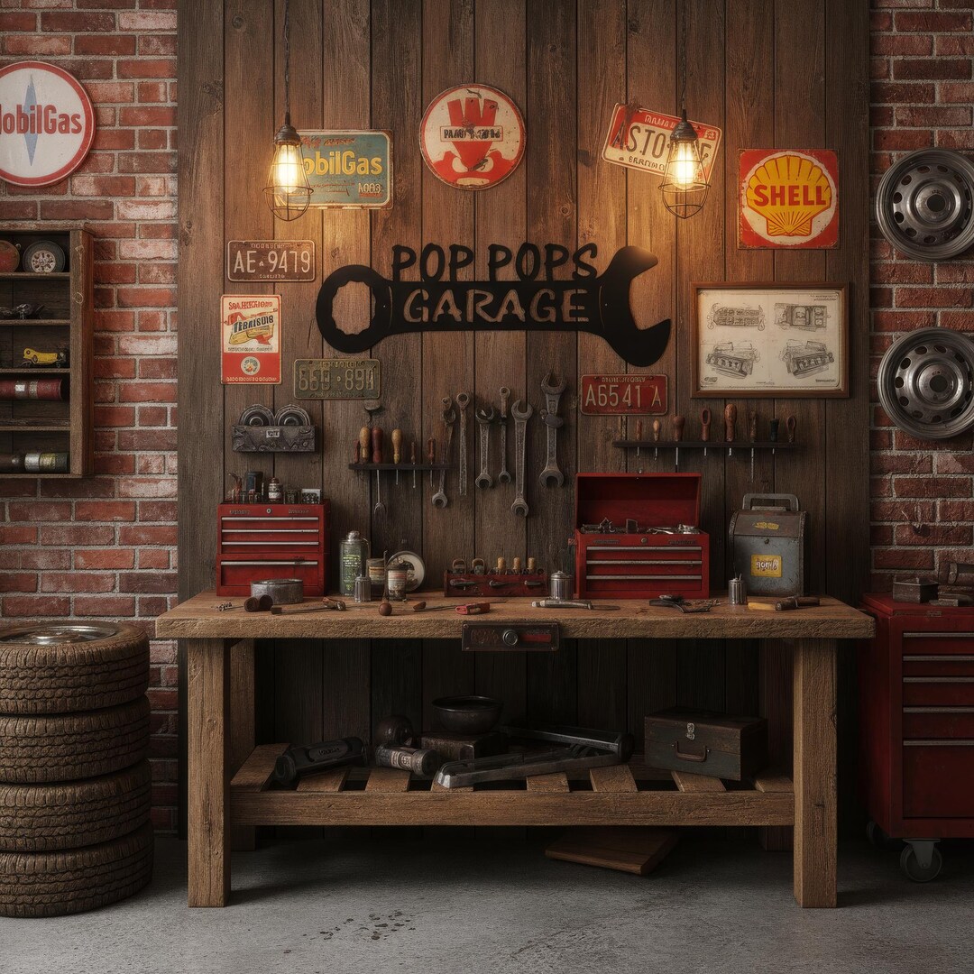 Pop Pops Garage Wrench Sign | Vintage Metal Steel Wall Art for Workshop ...