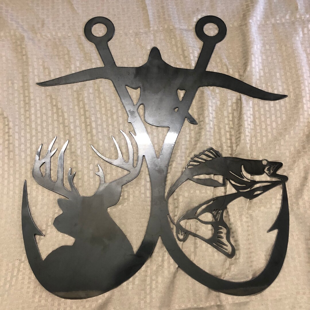 Double Fishing Hook With Buck Walleye and Duck. Cut From 14 Gauge Steel ...
