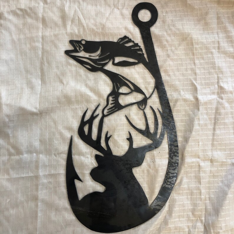Industrial Rustic Fishing Hook Metal Sign With Deer Walleye - Etsy