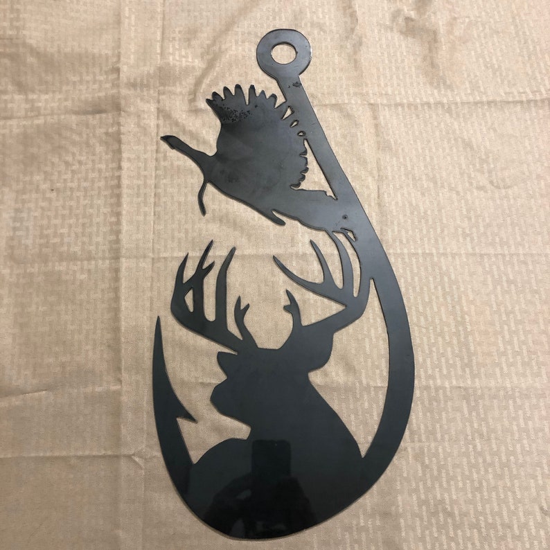 Industrial Rustic Fishing hook metal sign with deer duck | Etsy