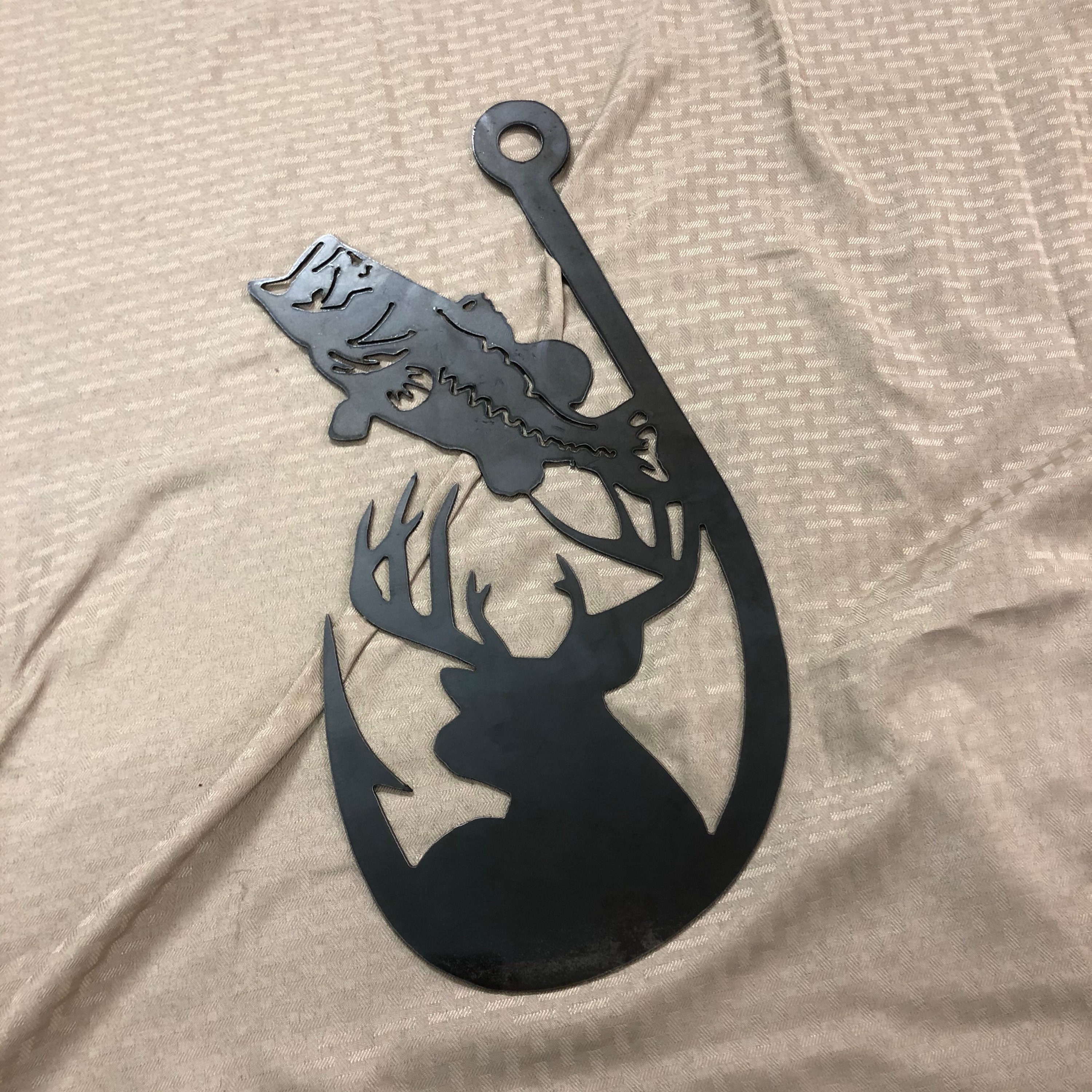 Industrial Rustic Fishing Hook Metal Sign With Deer Bass Etsy