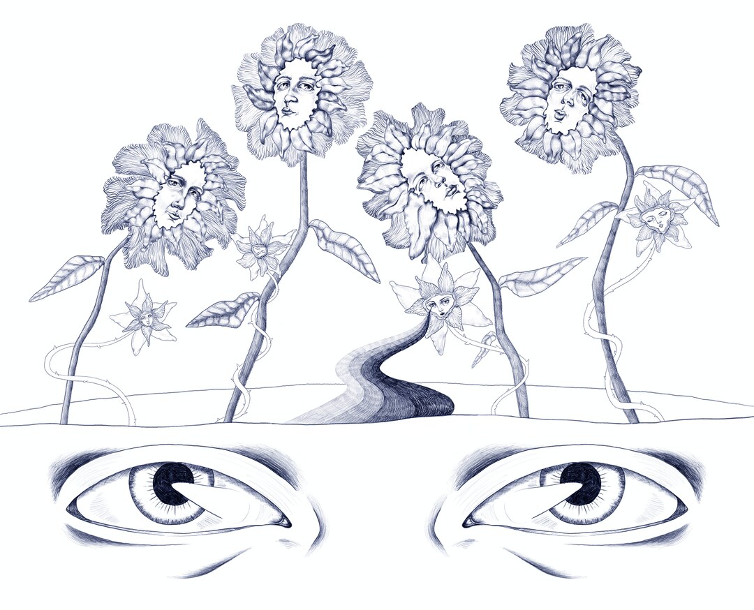 Surreal Floral Art- Mystical Head Ink Illustration Print- Bloom Years ...