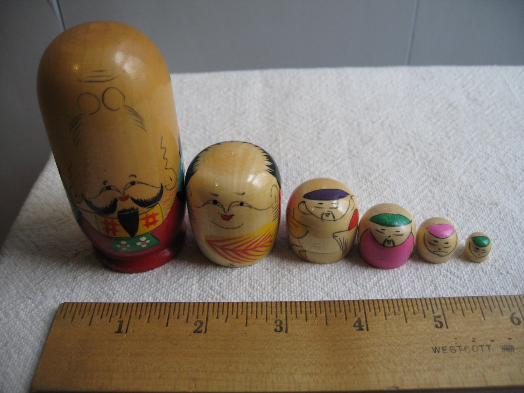 Vintage Stacking Nesting Matryoshka Russian Ukranian Asian Men Dolls 6 ...
