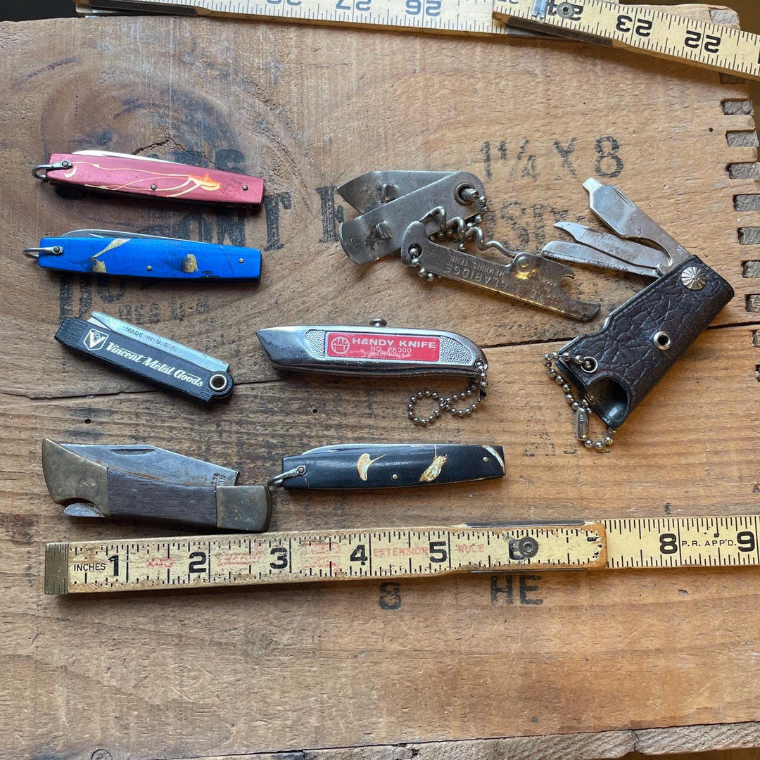 Vintage 7 Knife Lot Small Pocket Knives, Bottle Openers, Box Cutter and ...