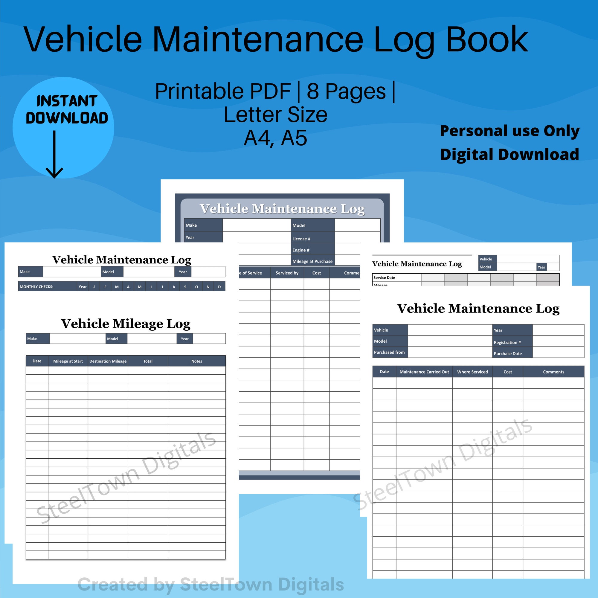 Vehicle Maintenance Log Printable | Vehicle Service Tracker | Vehicle ...