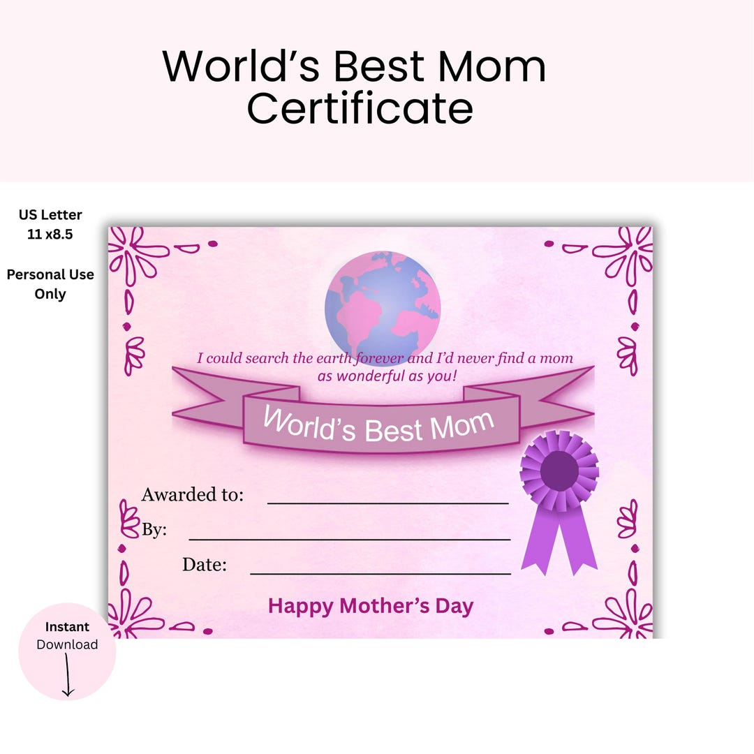 World Best Mom Certificate, Mothers Day Gift, Printable Fill In ...