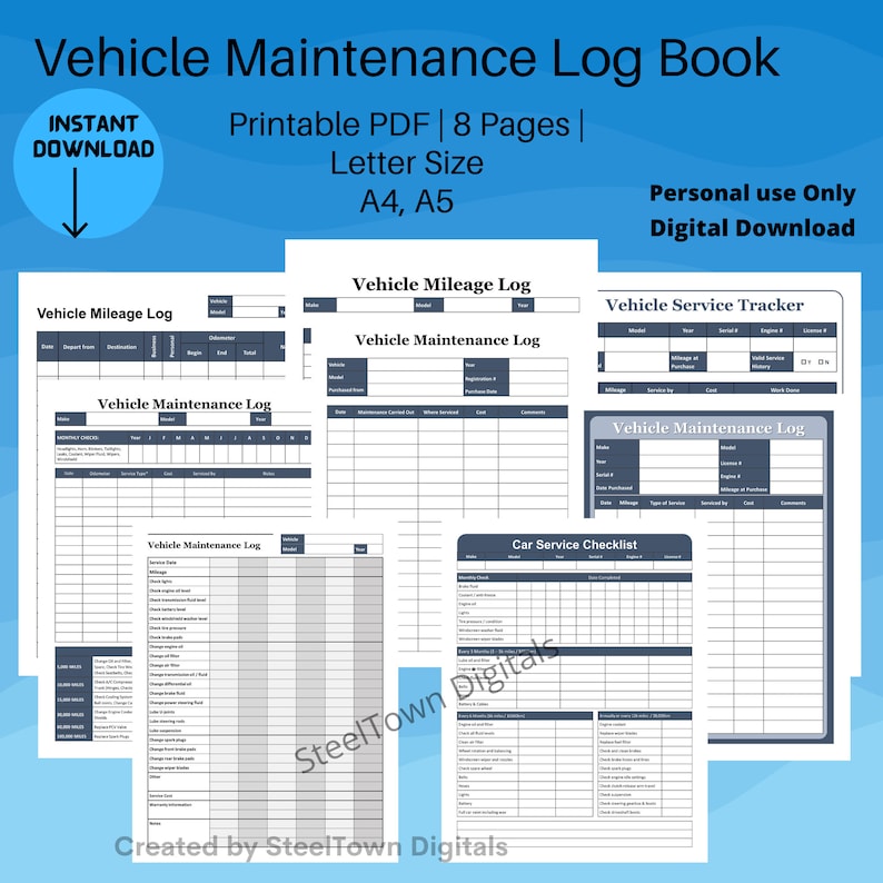 Vehicle Maintenance Log Printable | Vehicle Service Tracker | Vehicle ...