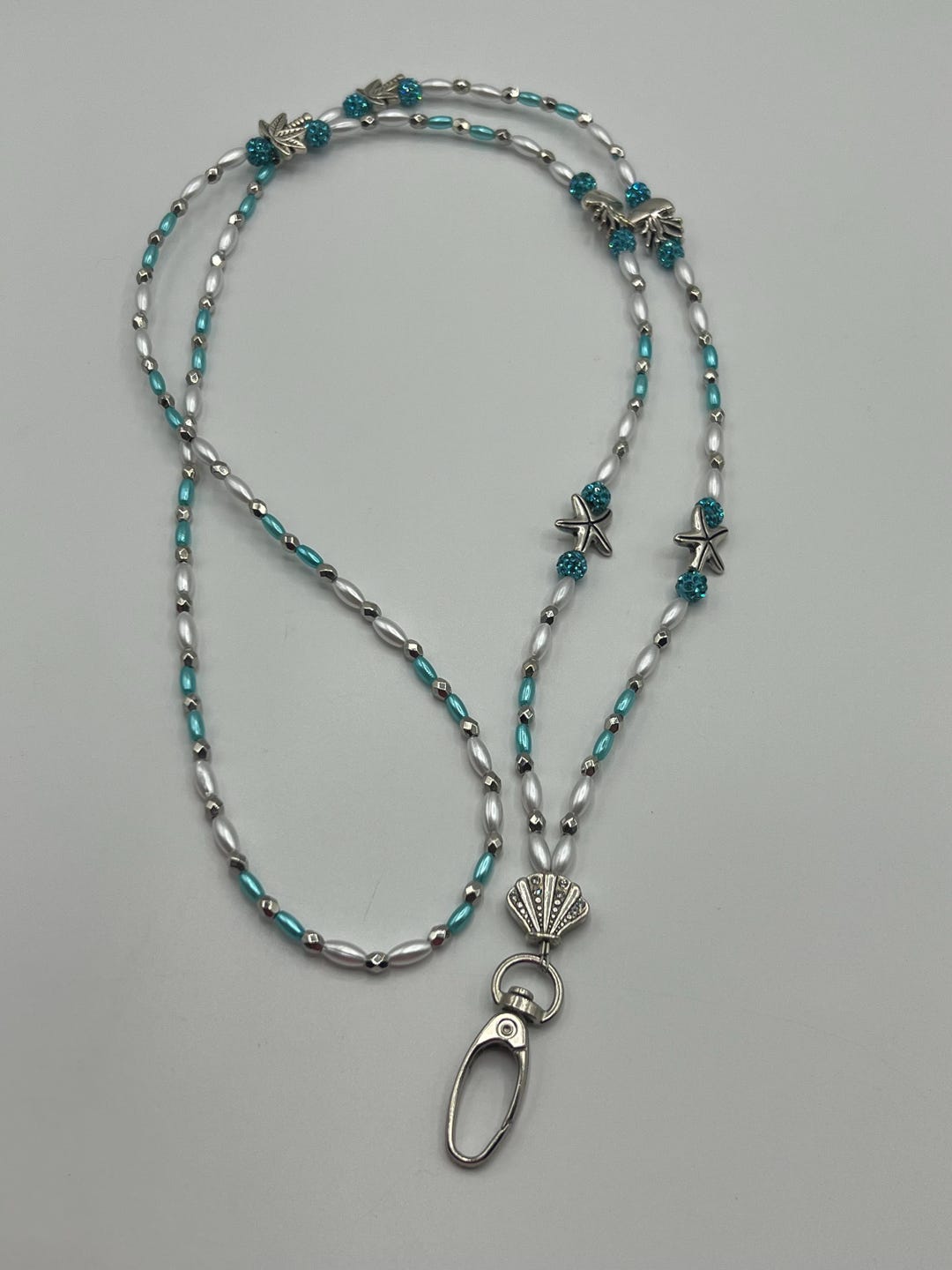 Ocean Themed Beaded Lanyard With Rhinestone Seashell Centerpiece - Etsy