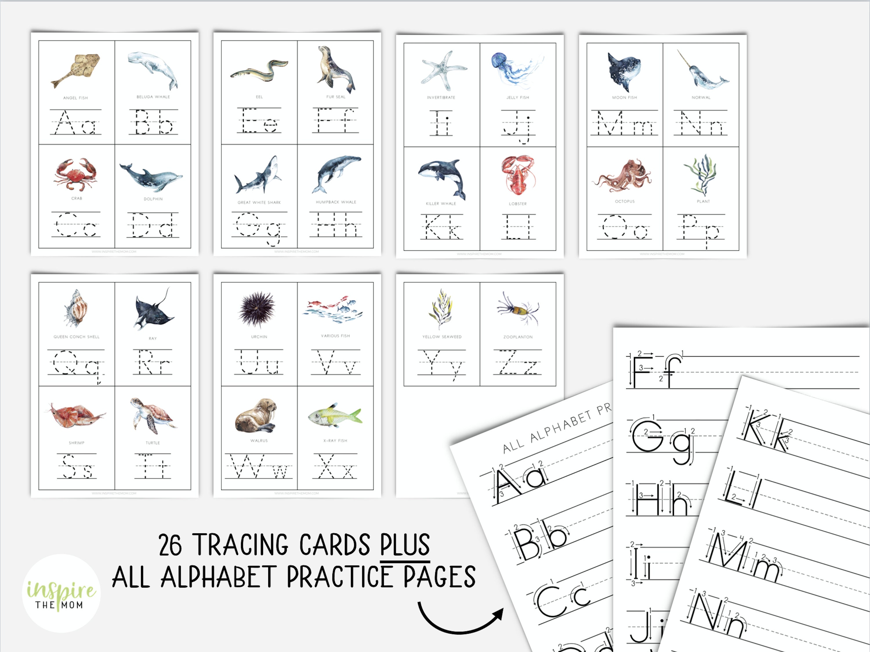 Ocean Animal Alphabet Tracing Cards, Handwriting Activity, Ocean ...