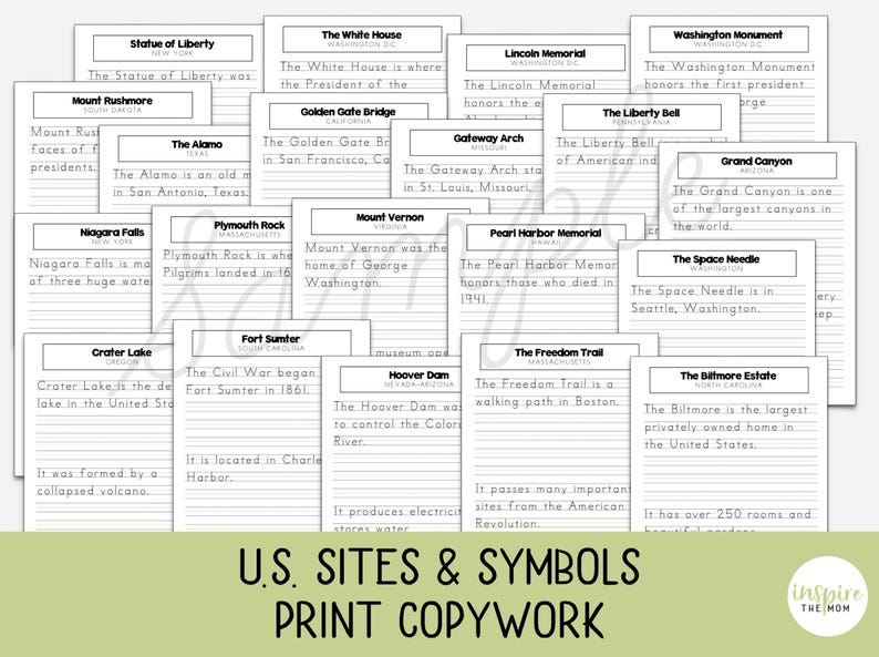 U.S. Sites & Symbols Print Copywork for Kids | Patriotic Handwriting ...