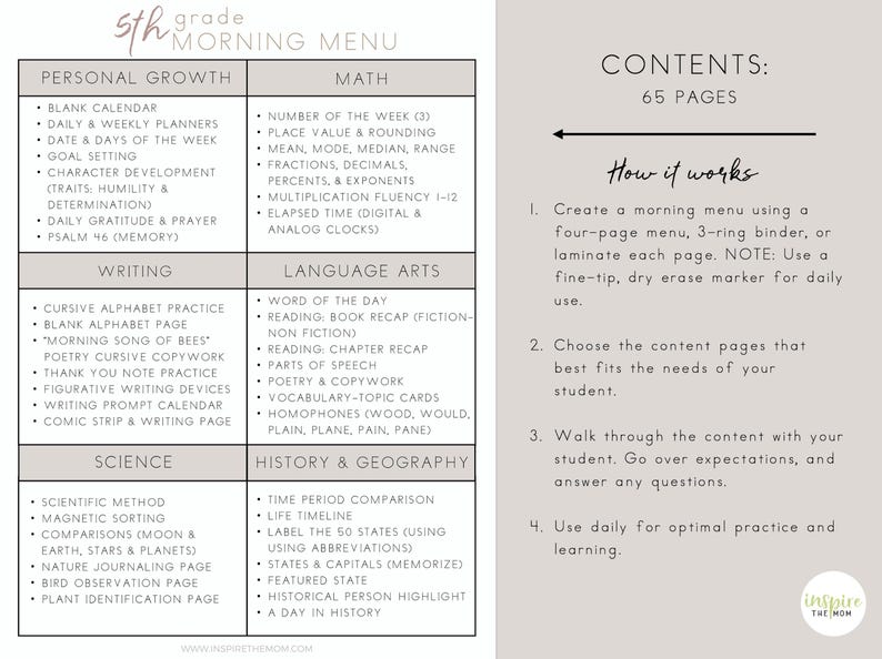 Fifth Grade Morning Menu Pages | No Prep Morning Work | Morning Time ...
