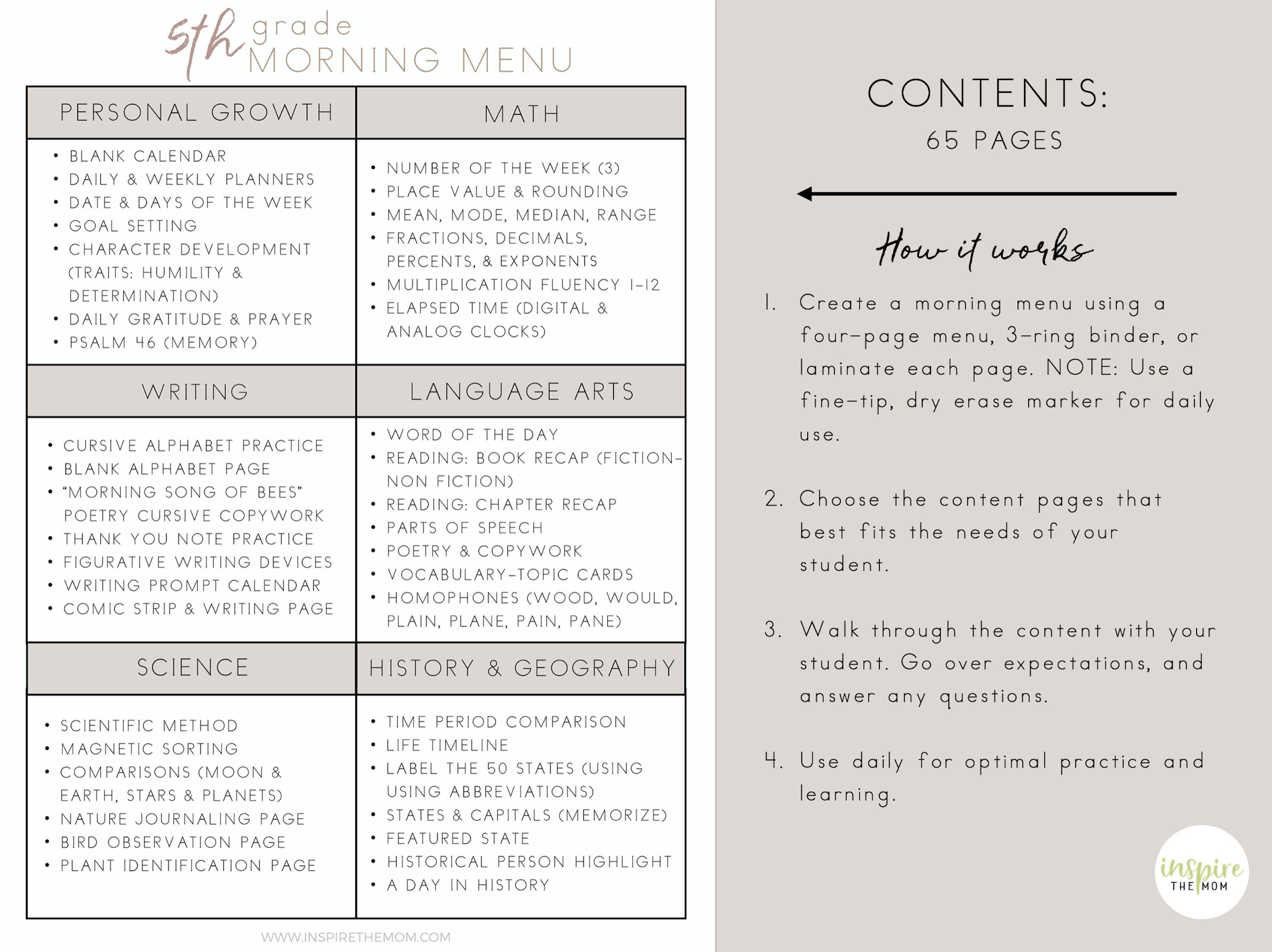 Fifth Grade Morning Menu Pages | No Prep Morning Work | Morning Time ...