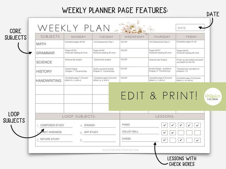 Editable Homeschool Weekly Plan Page | Weekly Schedule Planner | Daily ...
