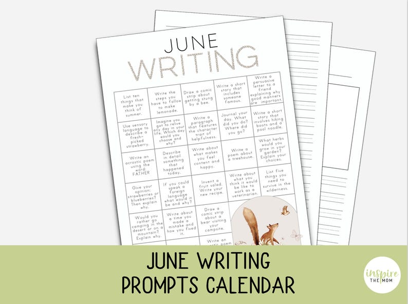 June Writing Prompts Calendar for Kids | Writing Practice | Journal ...