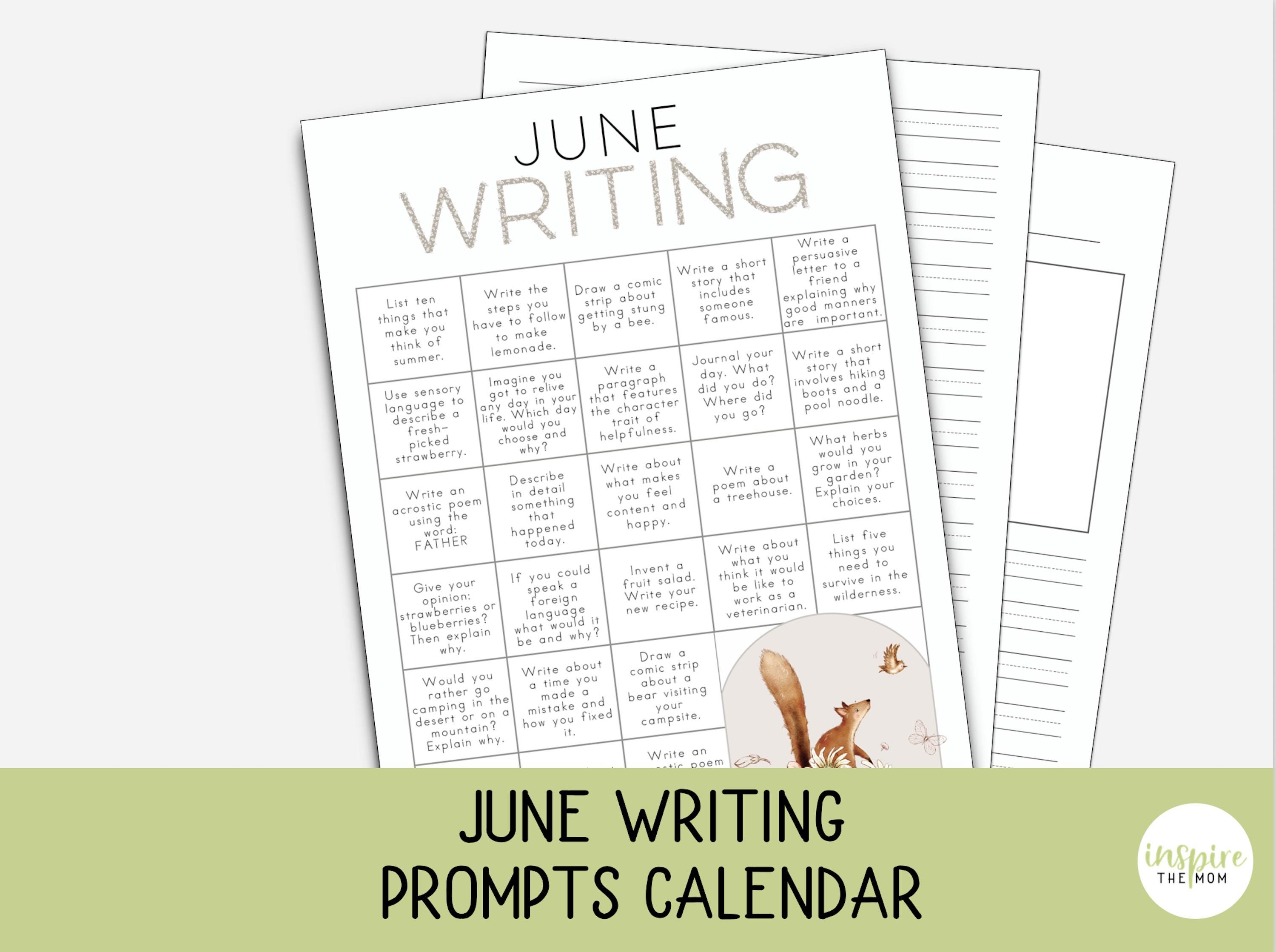 June Writing Prompts Calendar for Kids | Writing Practice | Journal ...