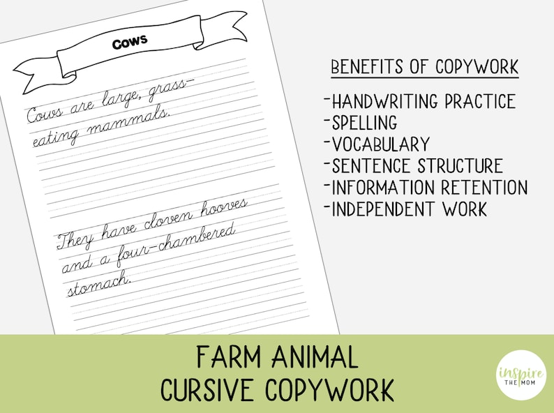 Farm Animals Cursive Copywork Farm Animal Facts Cursive - Etsy