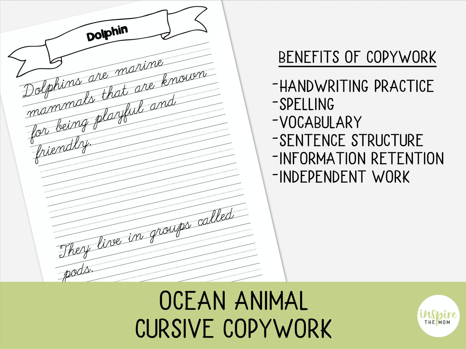 Ocean Animals Cursive Copywork, Ocean Animal Facts, Cursive Handwriting ...