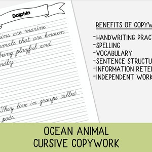 Ocean Animals Cursive Copywork, Ocean Animal Facts, Cursive Handwriting ...