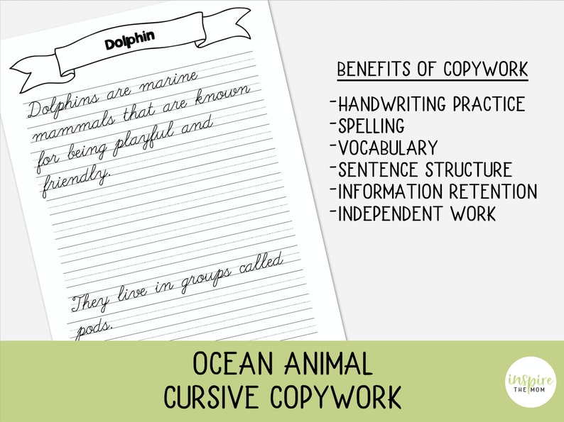 Ocean Animals Cursive Copywork, Ocean Animal Facts, Cursive Handwriting ...