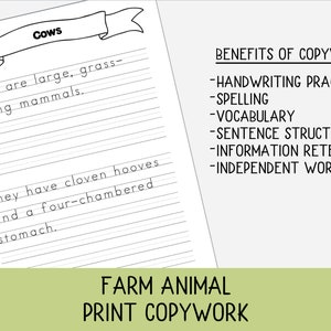 Farm Animals Print Copywork, Farm Animal Facts, Print Handwriting ...