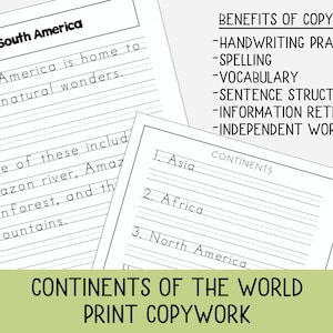 Continents of the World, Print Copywork, Continent Facts, Print ...