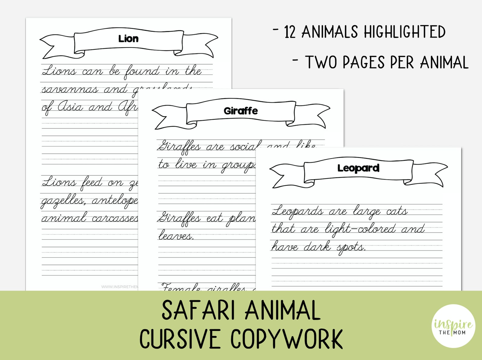 Safari Animals Cursive Copywork, Safari Animal Facts, Cursive ...