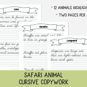 Safari Animals Cursive Copywork, Safari Animal Facts, Cursive ...