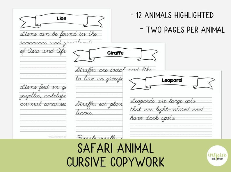 Safari Animals Cursive Copywork, Safari Animal Facts, Cursive ...