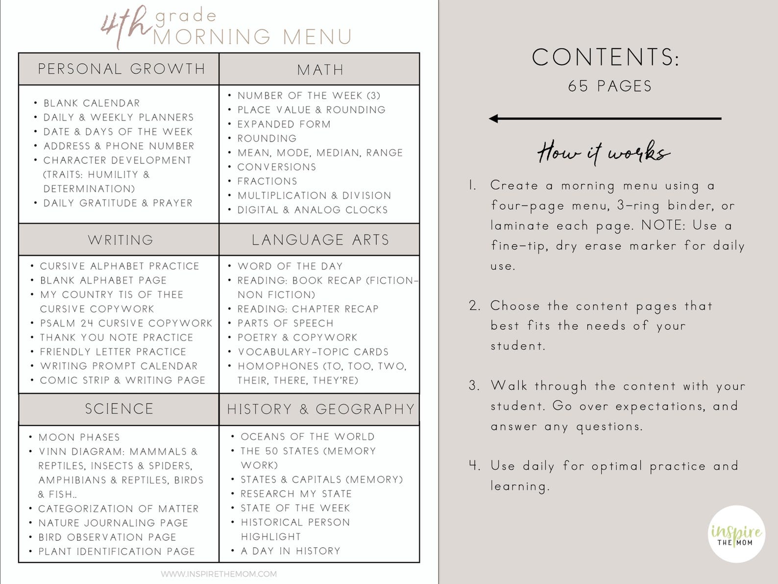 Fourth Grade Morning Menu Pages, Morning Time Basket, Elementary, 4th ...
