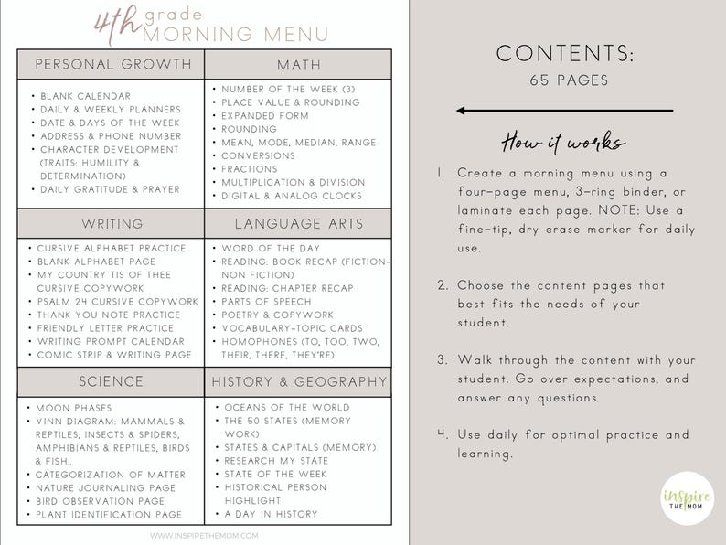 Fourth Grade Morning Menu Pages, Morning Time Basket, Elementary, 4th ...