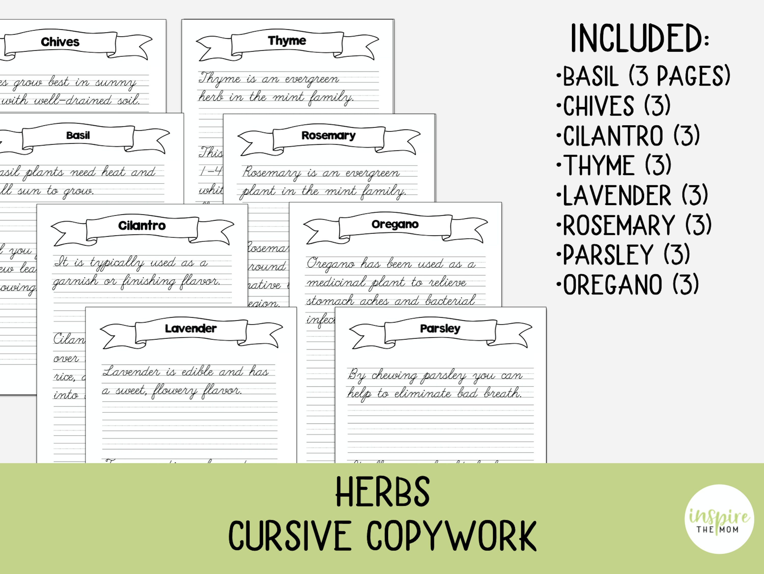 Herbs, Cursive Copywork, Herb Facts, Cursive Handwriting Practice ...