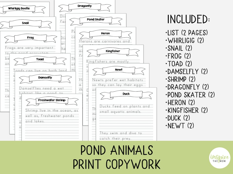Pond Animals, Print Copywork, Pond Animal Facts, Print Handwriting ...