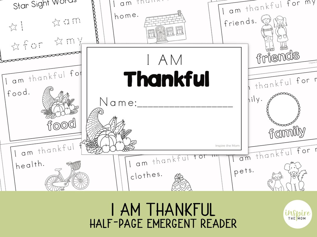 I Am Thankful Emergent Reader | Thanksgiving Mini Book Printable | Half ...