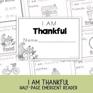 I Am Thankful Emergent Reader | Thanksgiving Mini Book Printable | Half ...