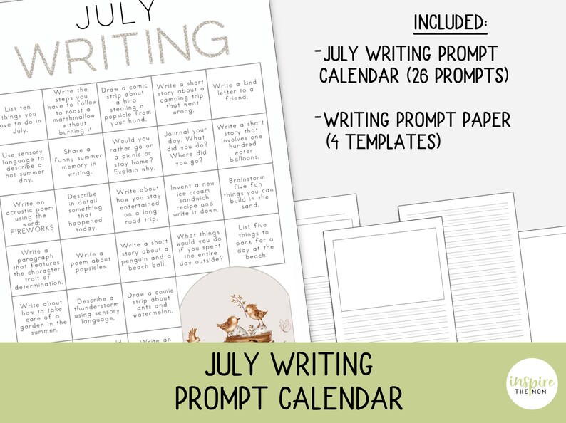 July Writing Prompts Calendar for Kids | Summer Writing Practice ...