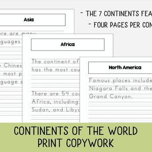 Continents of the World, Print Copywork, Continent Facts, Print ...