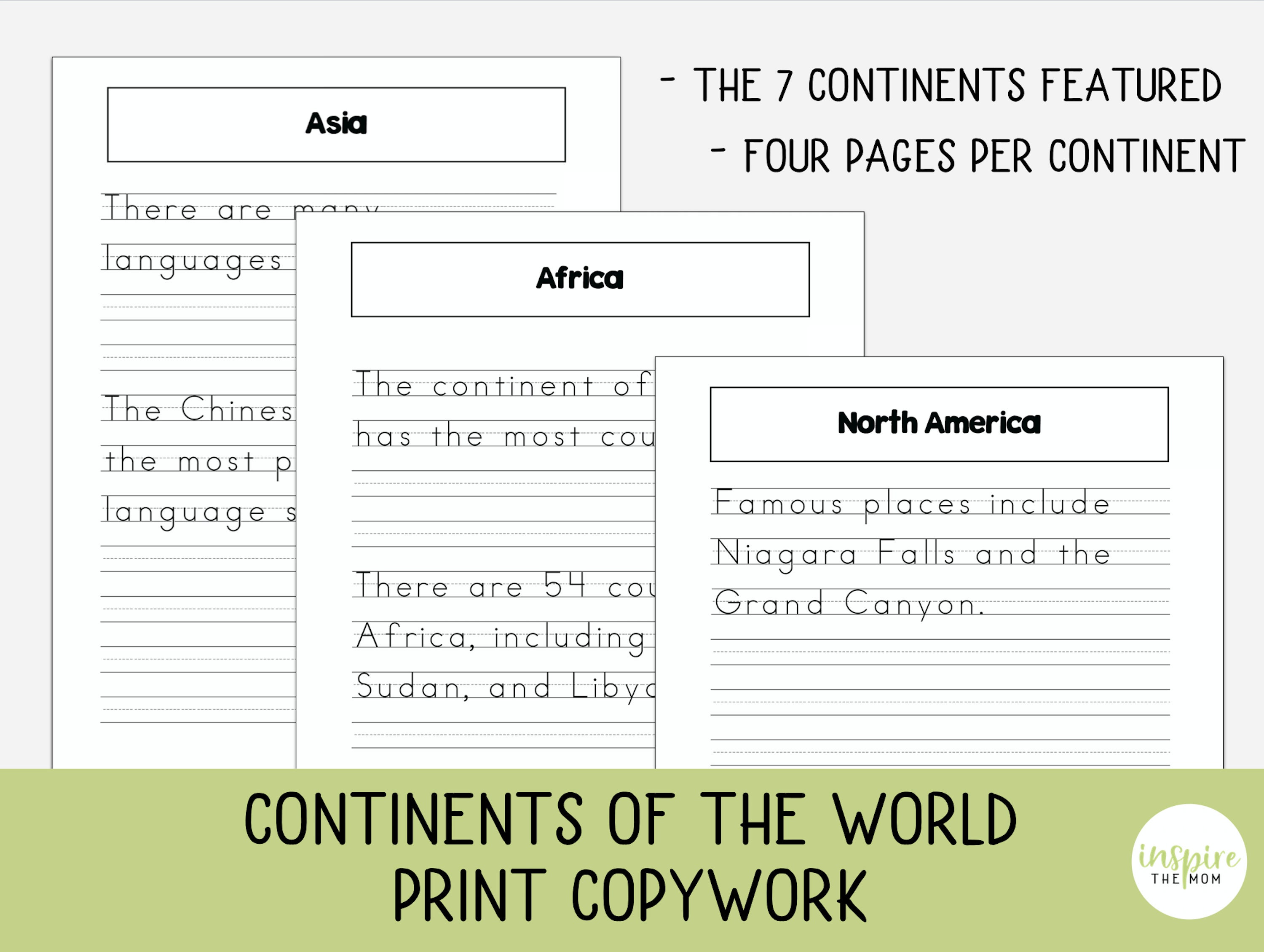 Continents of the World Print Copywork Continent Facts - Etsy