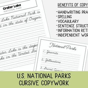 U.S. National Parks, Cursive Copywork, National Park Facts, Cursive ...
