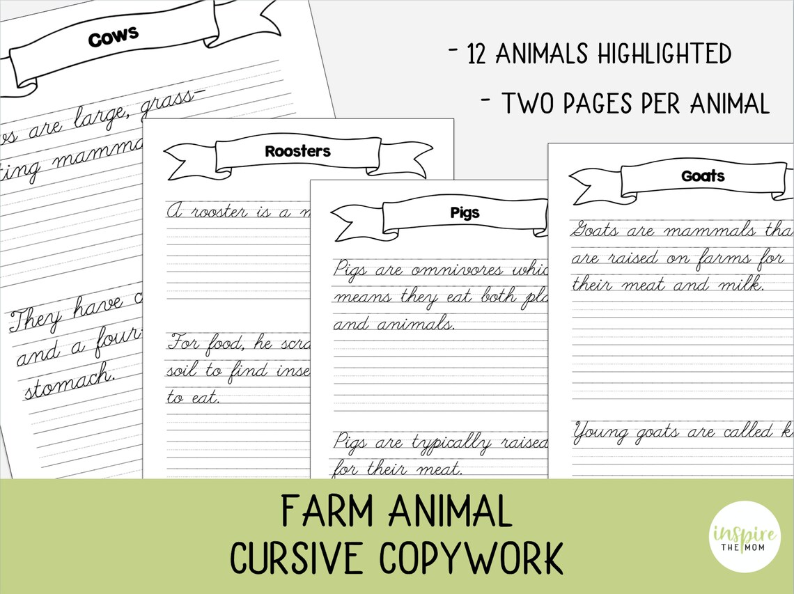 Farm Animals Cursive Copywork Farm Animal Facts Cursive - Etsy