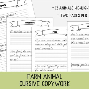 Farm Animals Cursive Copywork, Farm Animal Facts, Cursive Handwriting ...