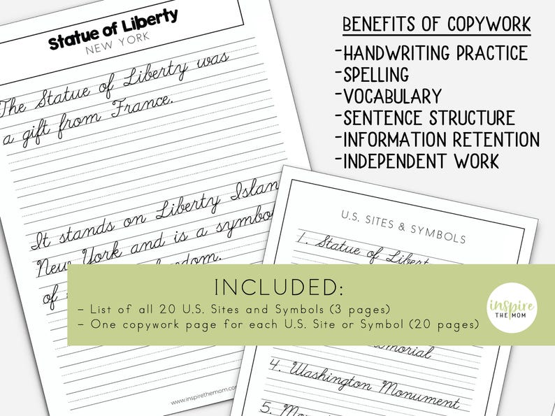 U.S. Sites and Symbols Cursive Copywork for Kids | Patriotic ...