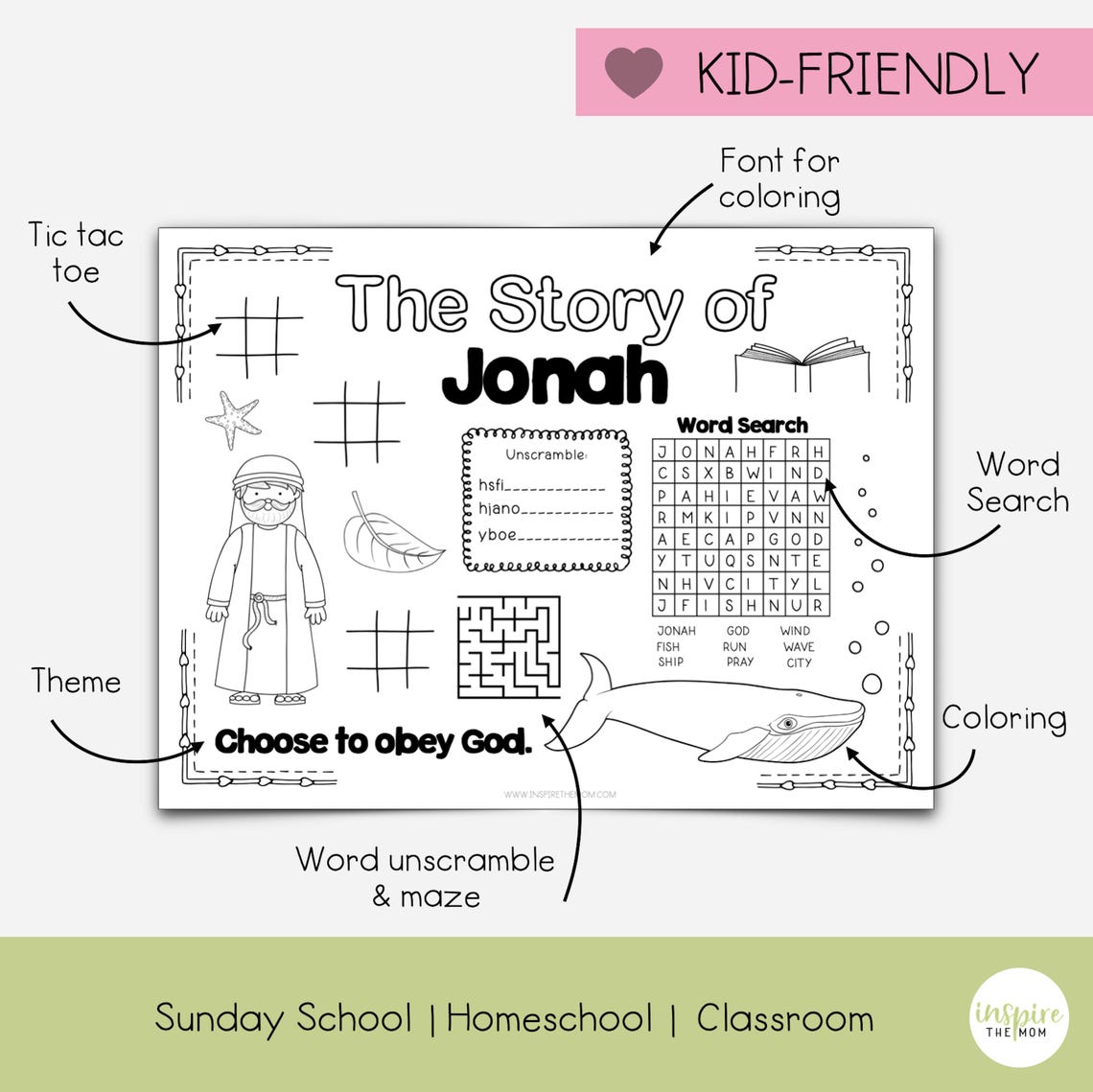 Jonah Bible Activity Placemat for Kids | Sunday School Craft | Children ...