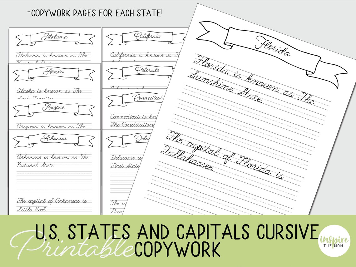 U.S. States and Capitals Cursive Copywork Homeschool - Etsy