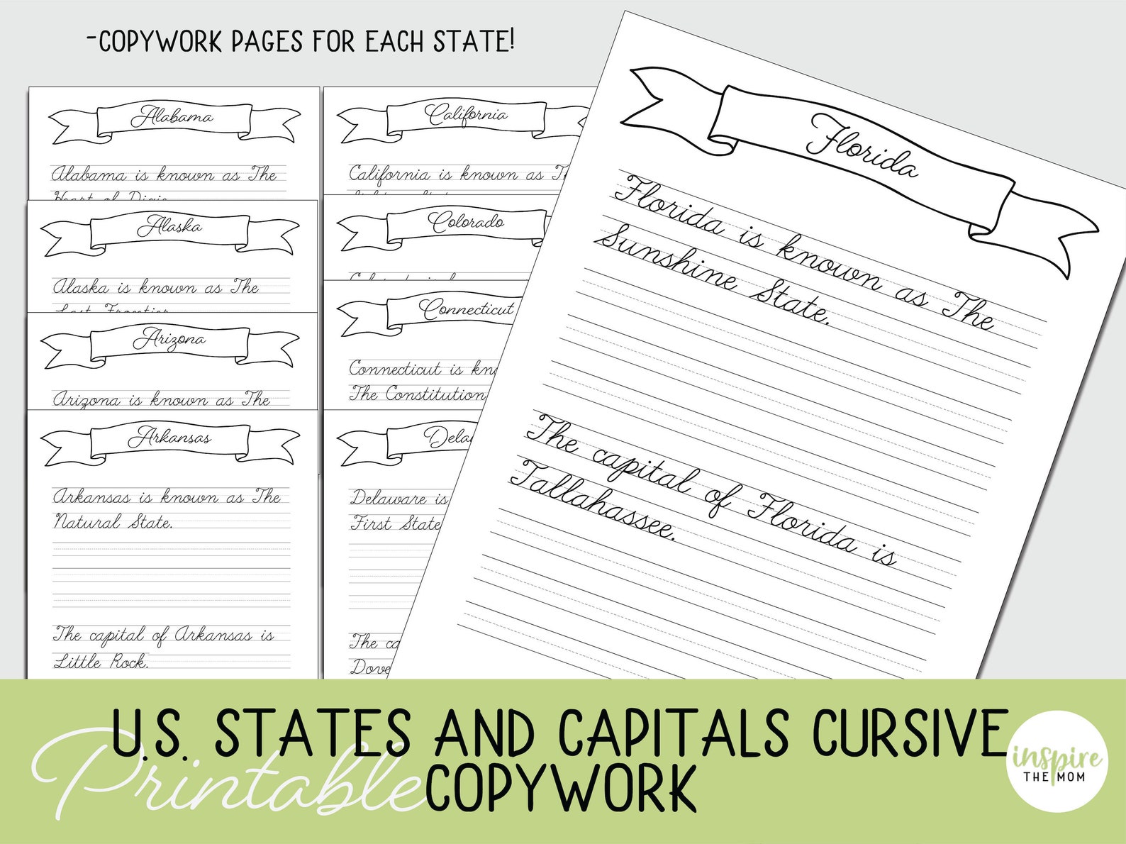 U.S. States and Capitals Cursive Copywork, Homeschool Printable ...