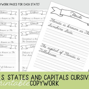 U.S. States and Capitals Cursive Copywork, Homeschool Printable ...
