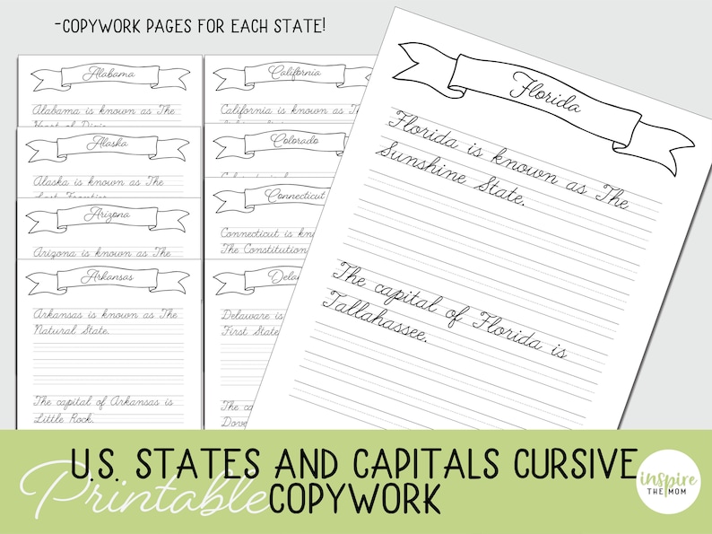 U.S. States and Capitals Cursive Copywork, Homeschool Printable ...