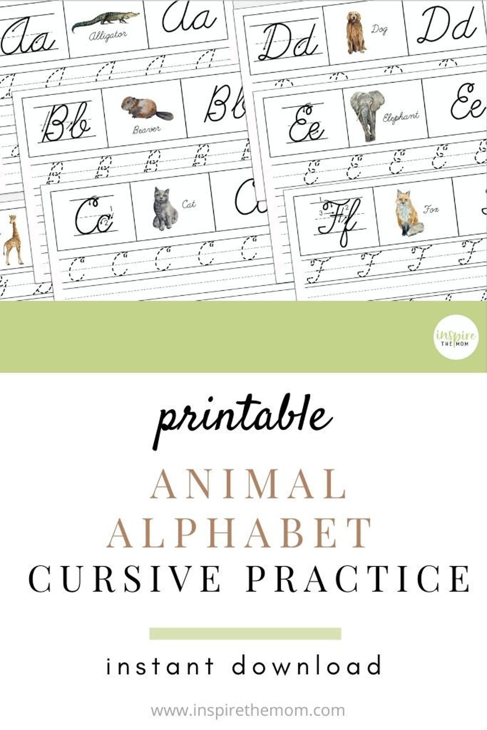 Animal Alphabet CURSIVE Handwriting Practice Pages A-Z | Etsy