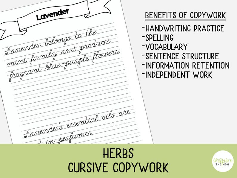 Herbs, Cursive Copywork, Herb Facts, Cursive Handwriting Practice ...